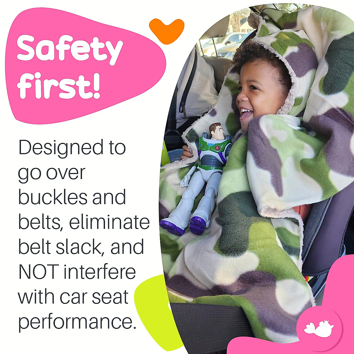 Birdy Boutique Car Seat Poncho for Kids – Safe to Use Over Seat Belts – Reversible Warm and Cozy Blanket – Easy on Easy Off and Doesn’t Impact Car Seat Performance – Camo and Bear – One Size