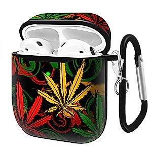 Slim Form Fitted Printing Pattern Cover Case with Carabiner Compatible with Airpods 1 and AirPods 2 / Psychedelic Abstract Marijuana Leaf Pattern