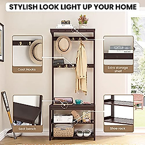 SEIRIONE Bamboo Coat Rack Shoe Bench, 5 in 1 Design Freestanding Hall Tree for Entryway Storage Organizer, 10 Hanger Hooks, 1 Upper Shelf, Easy Assembly,Dark Brown