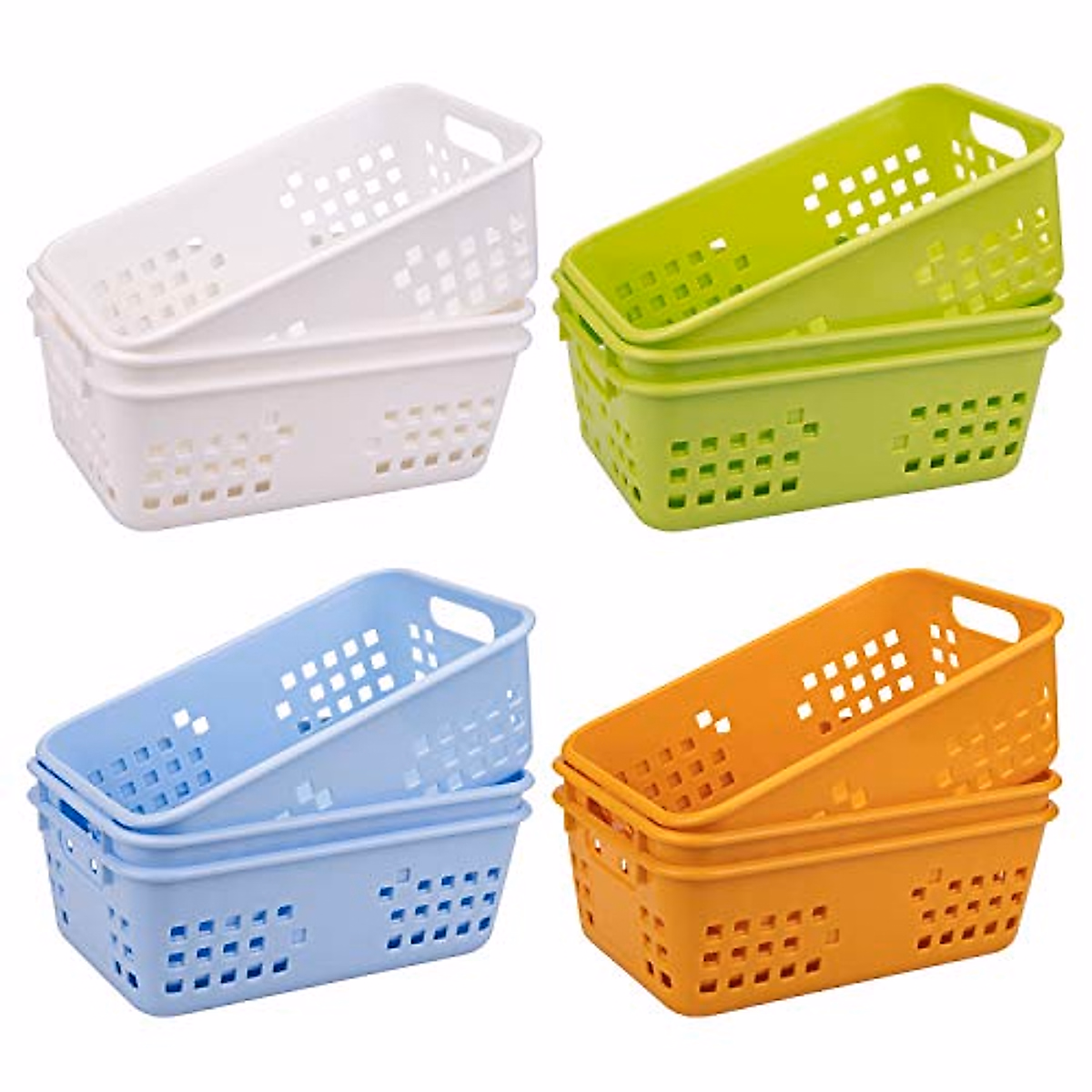 Jucoan 12 Pack Small Plastic Storage Baskets, 8.5 x 5.5 x 3 Inch Colorful Plastic Classroom Organizer Bin Tray, Stackable with Grip Handles for Bathroom, Drawers, Shelves, Closet, Office