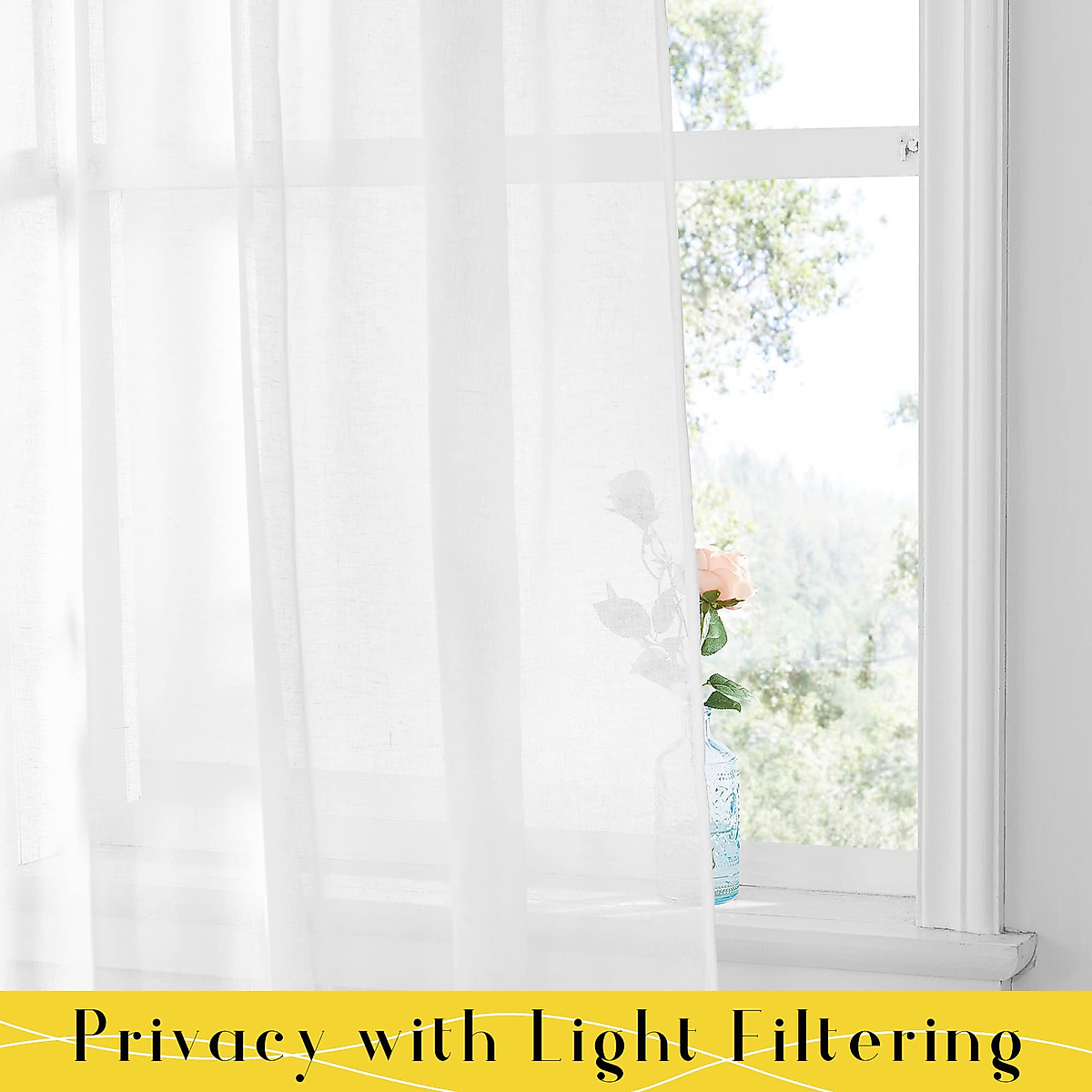 NICETOWN White Linen Sheer Curtains 84 inch Long 2 Panels, Adjustable Tie Top DIY Crafted Flax Semi Sheer Privacy with Light Filtering Vertical Drapes for Bedroom/Living Room, W52 x L84