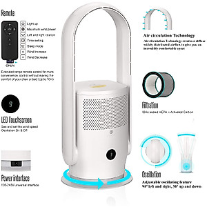 ULTTY Bladeless Tower Fan with Air Purifier, 90° Oscillating Tower Fan with HEPA Filter, Remote Control, Touch, 8H Timer, 9 Speeds, Powerful Floor Fan for Bedroom Room Home Office, CR021, White