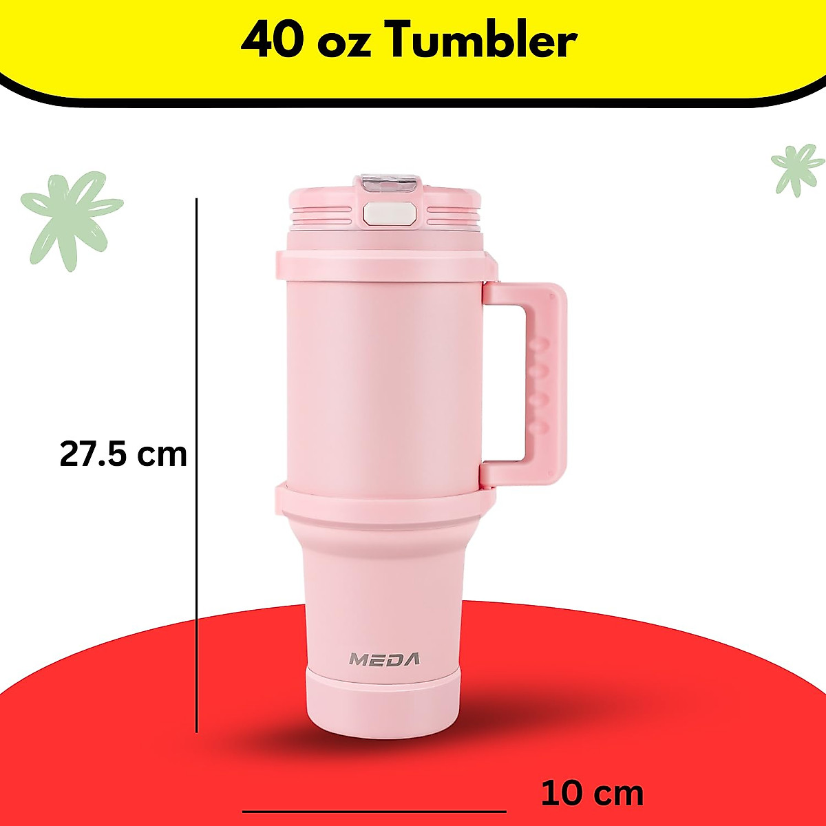 MEDA 40 oz Tumbler with Foldable Handle – Insulated, Reusable Stainless Steel Travel Coffee Mug – Perfect for Travel, Water, Iced Tea, Coffee – Ideal Easter Gift (Peach)