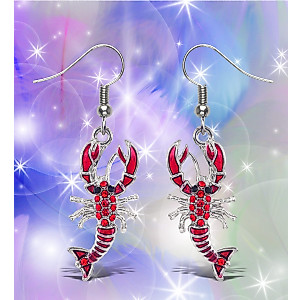 Aqua79 Red Lobster Silver Dangle Earrings - Fashion Jewelry Rhinestone Earring Hook Silver Jewelry, Zinc Alloy Fish Hook Earrings, Cute Earrings Perfect Summer Accessories for Women - 1 Inch