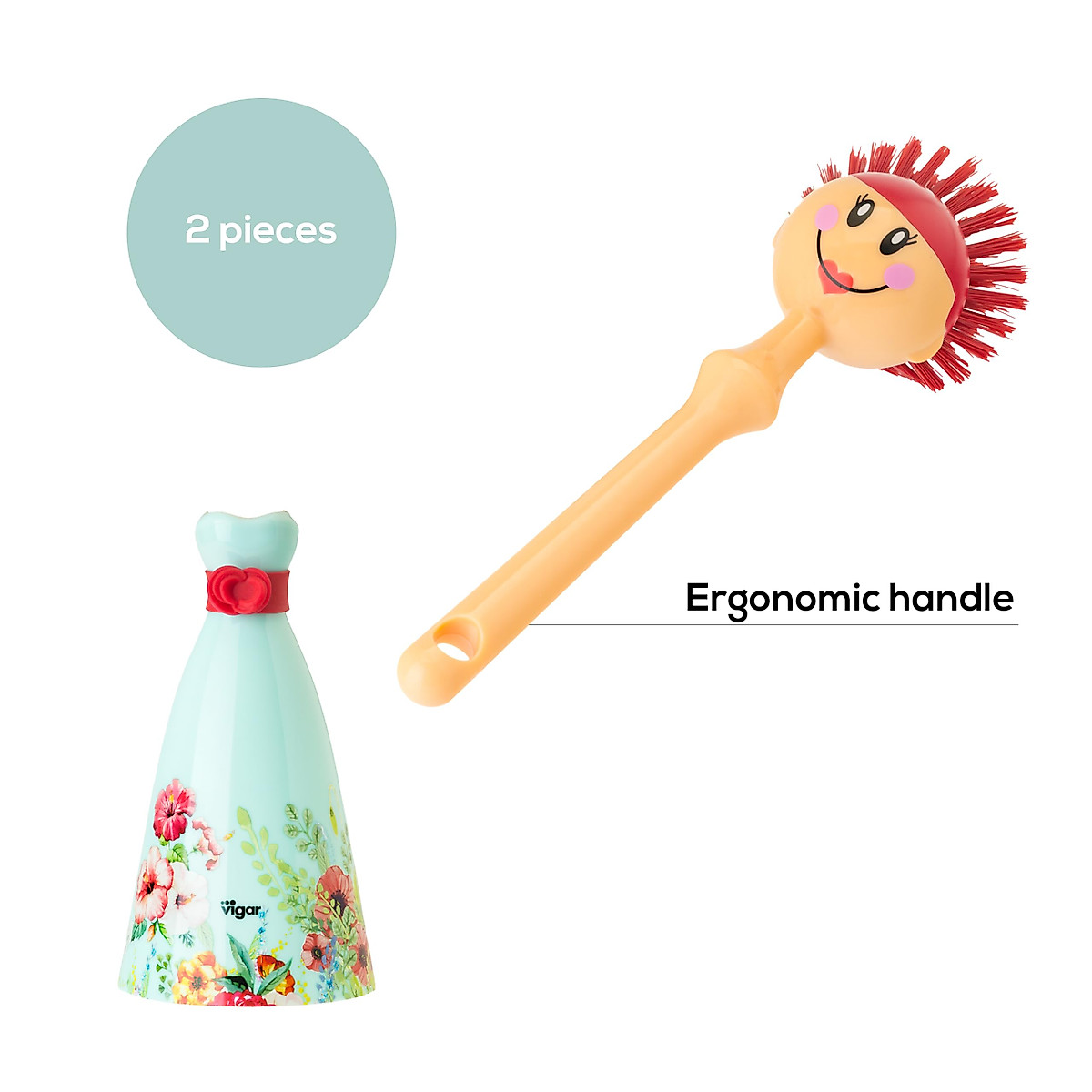 Vigar Dolls Dish Brush with Ergonomic Handle and Dres-Shaped Storage Holder - Scrub Brush for Pans, Pots, Kitchen Sink Cleaning, Blue/Pink