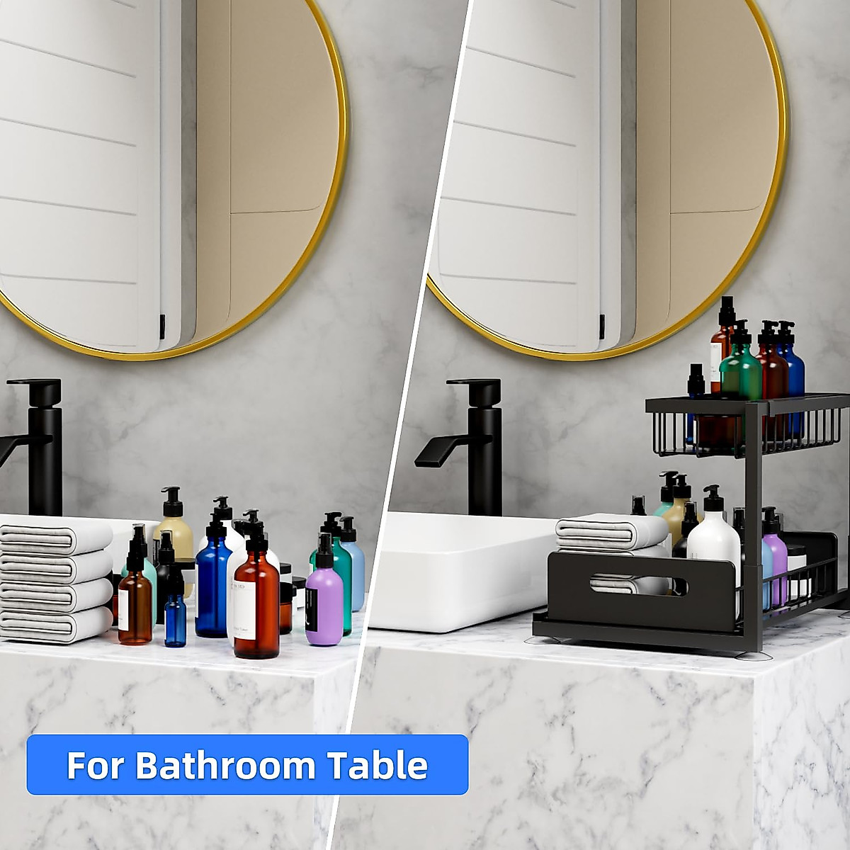 Lxmons 2-Tier Under Sink Slide Out Organizer, 2 Pack Pull Out Cabinet Storage Shelf with Sliding Storage Wire Basket Drawer for Bathroom Kitchen, Countertop or Pantry Storage shelf, Black