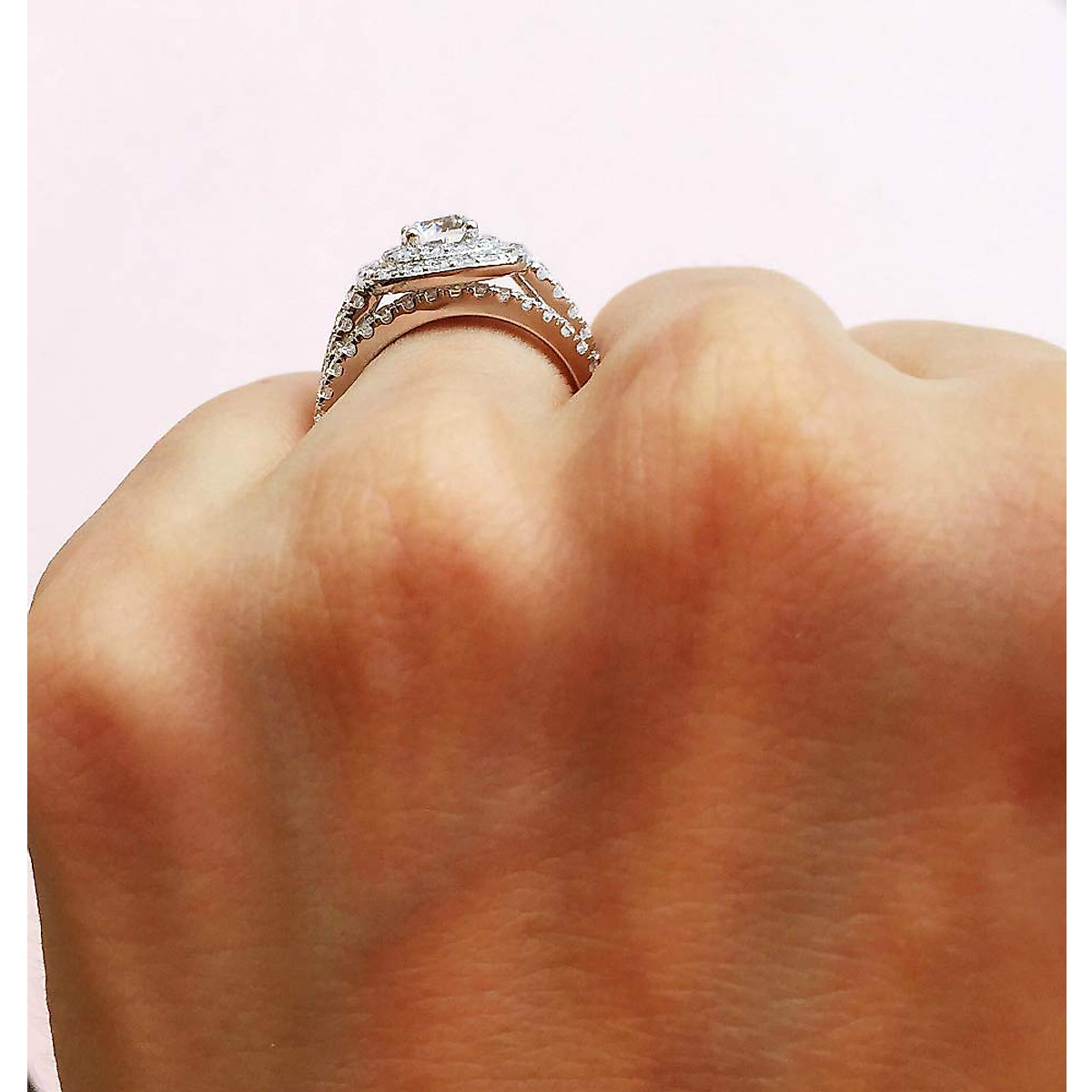 Silver Accented Bridal Ring Band Set Round Double Halo Engagement Ring Anniversary Wedding Infinity Love (Silver, 6)