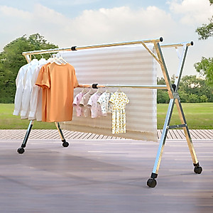 KitchLife Upgraded Clothes Drying Rack with Wheels, No Assembly Required, 63 Inches, Super Heavy Duty 201 Stainless Steel, Adjustable Foldable Laundry Drying Rack