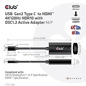 Club 3D USB Type-C to HDMI 4K 120Hz HDR10 with DSC 1.2 Active Adapter M/F CAC-1586