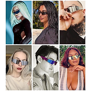 NULOOQ Y2K Rimless Futuristic Wrap Around Sunglasses Women Men, Trendy Cyberpunk Visor Sunglasses Monoblock Cyclops Shades (Black/Gray + Silver/Silver Mirrored) - 2 Pack