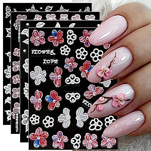 JMEOWIO 7 Sheets 3D Embossed Flower Nail Art Stickers Decals Self-Adhesive Pegatinas Uñas 5D Spring Summer Floral Nail Supplies Nail Art Design Decoration Accessories
