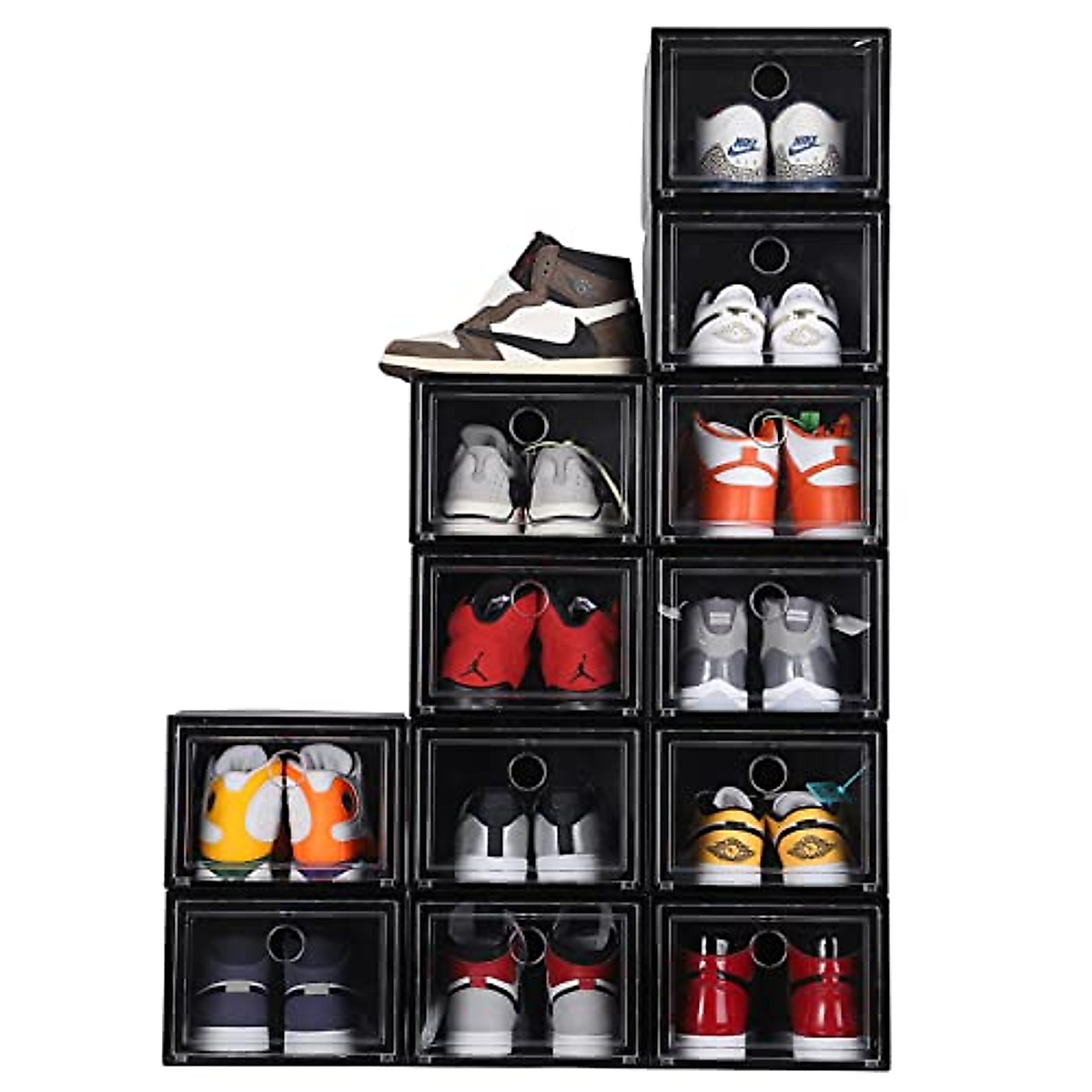 MUKIRAN HOME 12 Pack Shoe Storage Boxes, Shoe Box Clear Plastic Stackable, Drawer Type Front Opening Shoe Holder Containers (Black)