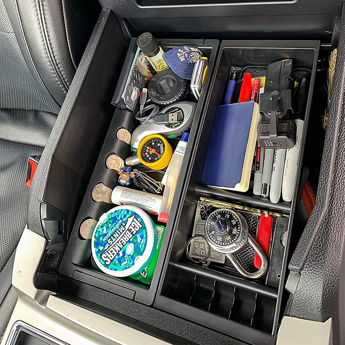 EDBETOS Center Console Organizer Compatible with Ford F150 Accessories 2015-2020 F-150/2017-2022 F250 F350 SuperDuty Armrest Insert Tray Storage Box ABS -Full Console w/Bucket Seats ONLY,Black