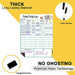 Baby Daily Log Chart Dry Erase Whiteboard for Logging Daily Schedule for Newborns and Toddlers, Log Feeding, Diaper Change, Naps and Daily Activities, Board for Refrigerator, with Pen and Eraser