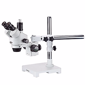 AmScope SM-3T Professional Trinocular Stereo Zoom Microscope, WH10x Eyepieces, 7X-45X Magnification, 0.7X-4.5X Zoom Objective, Ambient Lighting, Single-Arm Boom Stand