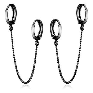 Unique Small Silver Chain Handcuff Hoop Earrings Double Piercing Dangle Drop Cartilage Earrings Chic Chain Huggie Hoop Earrings for Men Women Statement Jewelry Gifts (Black)