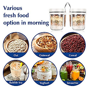Overnight Oats Jars with Spoon and Lid 16 oz [2 Pack], Airtight Oatmeal Container with Measurement Marks, Mason Jars with Lid for Cereal On The Go Container (2pcs white)