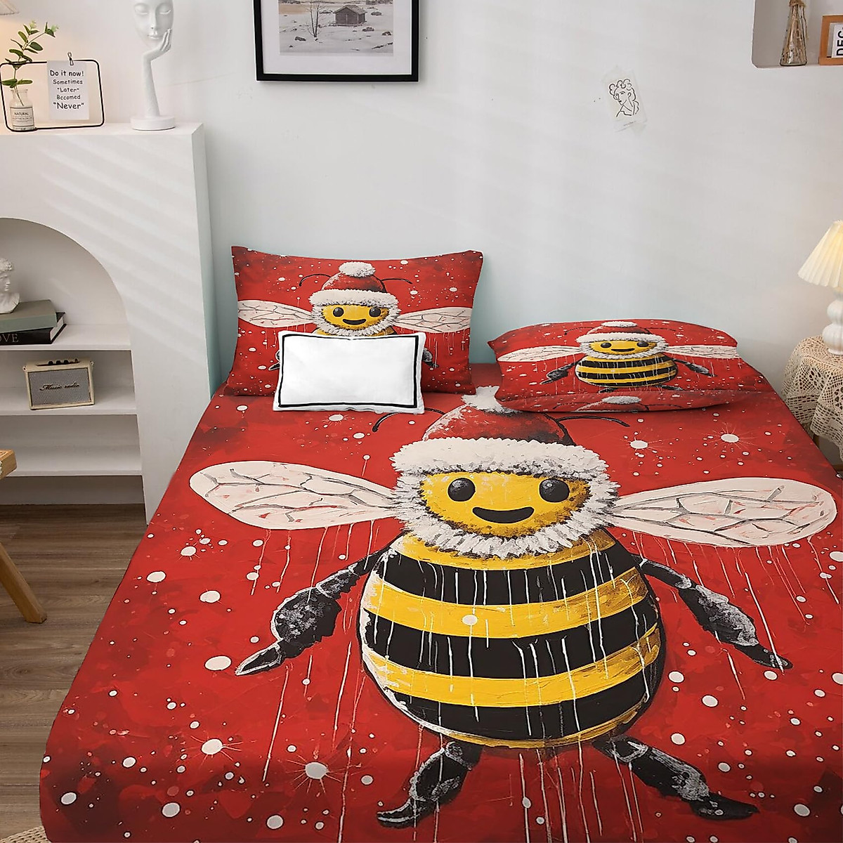 Full Size Sheet Sets - Christmas Bee Bed Sheets, Cartoon Honey Bee Bedding Sheets & Pillowcases, Soft Microfiber & Deep Pocket & Wrinkle Free Sheet Set, 1 Fitted Sheet, 1 Flat Sheet, 2 Pillow Cases