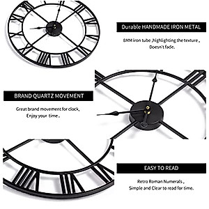 LEIKE Large Modern Metal Wall Clocks 40CM Round Nearly Silent Little Ticking Outdoor Black Roman Numeral Clock for Kitchen,Living Room,Bedroom Wall Decor