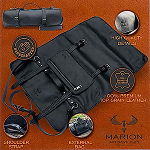 Marion - LE MINUIT - Genuine Calf Top Grain Black Leather - Handcrafted Professional Chef's Knife Storage Roll Bag - 8 Pockets - Adjustable Shoulder Strap - Zippered Interior and Exterior Pocket