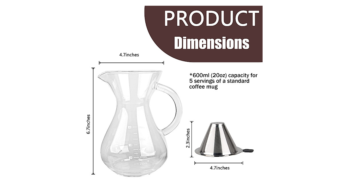 T-mark Pour Over Coffee Maker – Reusable Stainless Steel Filter, 20oz