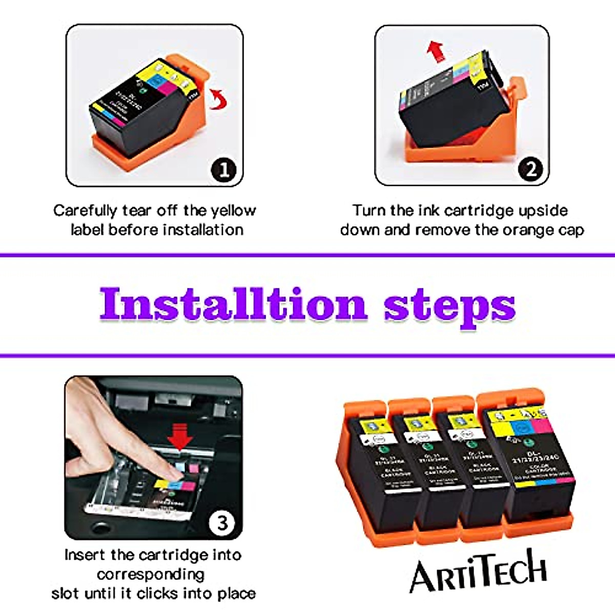 ARTITECH Replace for Dell Series 21 Ink Cartridges Compatible for Dell V515w, V715w, P513w, P713w, V313, V313w, P713w, All-in-One Printers 4 Pack, (3 Black and 1 Color) for Dell Series 21, Series 22