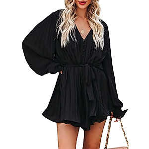 Dokotoo Womens Summer Spring Romper Ladies Elegant Plain Sexy V Neck Flared Long Sleeve Waist Tiet Pleated Drape Rompers and Jumpsuits for Women Dressy Black X-Large