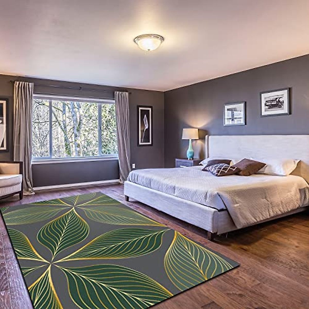 QINYUN Modern Abstract Style Area Rug, Green Gold Patterned Leaf Indoor Rug, Bedroom Rug Non Slip Easy to Clean Durable, Suitable for Farm Apartment Living Room Office-3ft×5ft