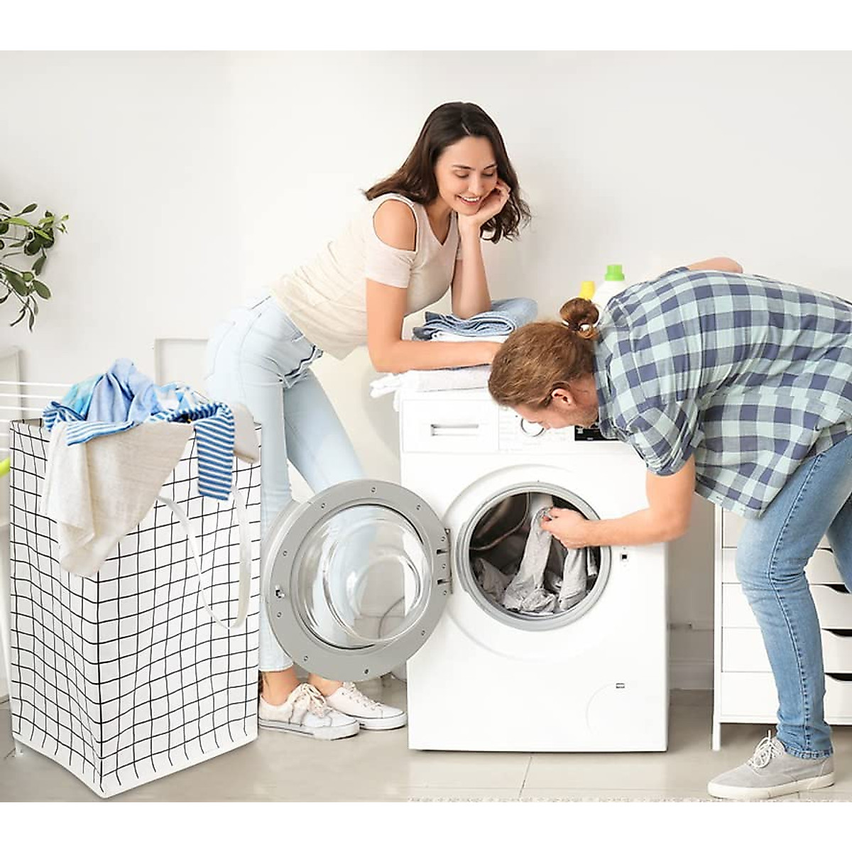 HIYAGON 75L Freestanding Laundry Basket,Large Collapsible Tall Clothes Laundry Hamper with Handles,Waterproof Toy Storage Bin for Home,Office,Closet(2 Pack Black and white check)