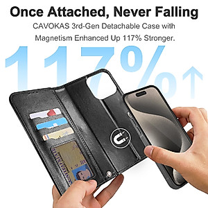 CAVOKAS Case Wallet for iPhone 15 Pro Max Wallet Case with Card Holder, Detachable Magnetic Leather Flip Case, Compatible with MagSafe Wireless Charging, Kickstand Shockproof Cover 6.7 Inch, Black