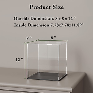 HEMYLU Acrylic Box with Matte Black Base, Simple Self-Assembly Clear Acrylic Display Case, Tall Dustproof Showcase with Lid for Collectibles, Toys and Trophy (8x8x12 inch)