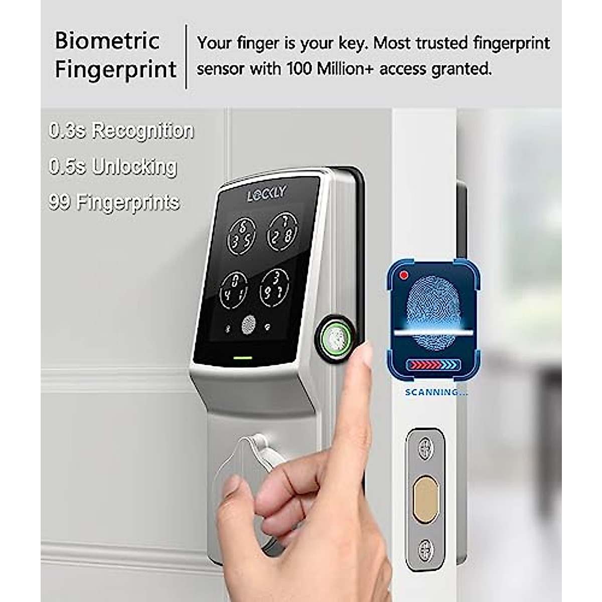 Lockly Secure Plus, Keyless Entry Door Lock, Smart Locks for Front Door, Smart Lock Deadbolt, PIN Genie® Keypad, 3D Biometric Fingerprint Sensor, Auto Lock Smart Door Lock (Satin Nickel)