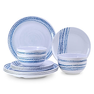 Melamine Dinnerware Sets, 12Pcs Plates and Bowls Sets Dinnerware Sets for 4 Indoor and Outdoor Use Dishwasher Safe Raindrops Design