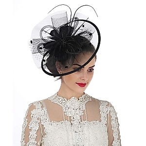 Lucky Leaf Women Girl Fascinators with Hair Clip Hairpin Hat Bowknot Feather Flower Veil Cocktail Wedding Tea Party Hat (8-Black)