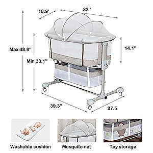 Baby Bassinets Bedside Sleeper, Bedside Crib 3 in 1 Adjustable Travel Baby Bed with Breathable Net and Mattress, Easy Folding Portable Bassinet for Baby