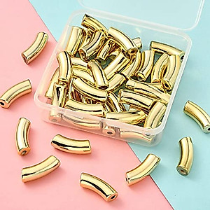 LiQunSweet 50 Pcs Golden Acrylic Noodles Beads Long Curved Tube Bead Spacers for DIY Bracelet Anklet Necklace Jewelry Making - 34mm