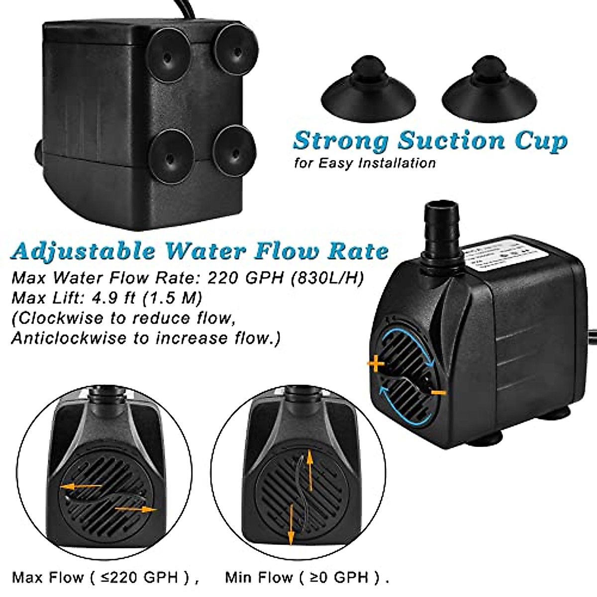 DOMICA 15W 220 GPH Submersible Fountain Pump with LED Light, Ultra Quiet Adjustable Water Pump (800L/H) for Water Feature, Hydroponics, Garden, Pond, Aquariums, Fish Tanks, Indoor Outdoor Fountain