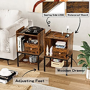 Gannyfer Nightstand with Charging Station, Night Stand with USB Ports and Storage Drawer, Modern 3-Tier End Side Table, Small Wood Bedside Table for Bedroom,Living Room,Rustic Brown