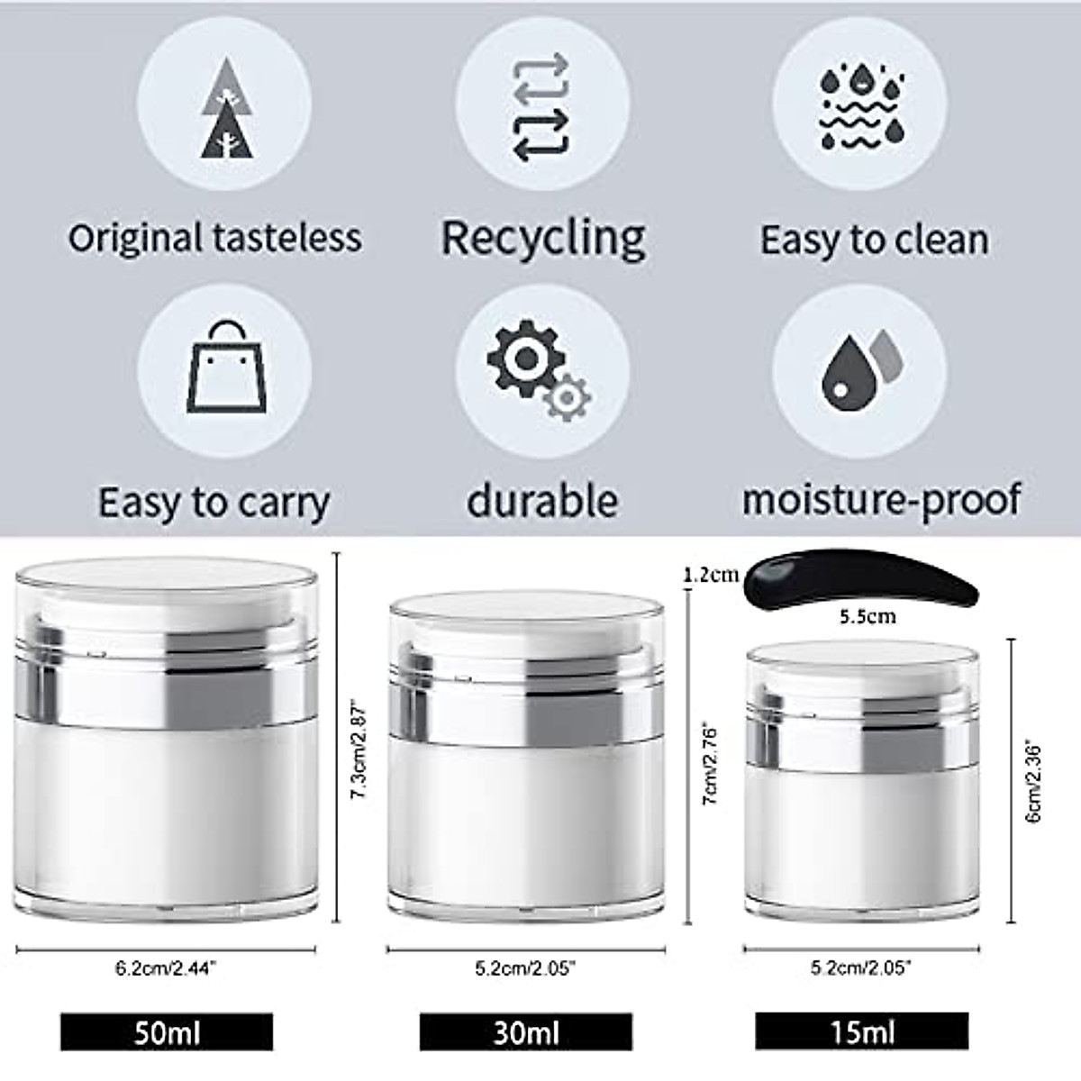 Roiper Cream Jar Vacuum Bottle, Makeup Lotion Travel Container Push Down Pump Dispenser, 15/30/50 ML Refillable Portable Airless Pump Bottles