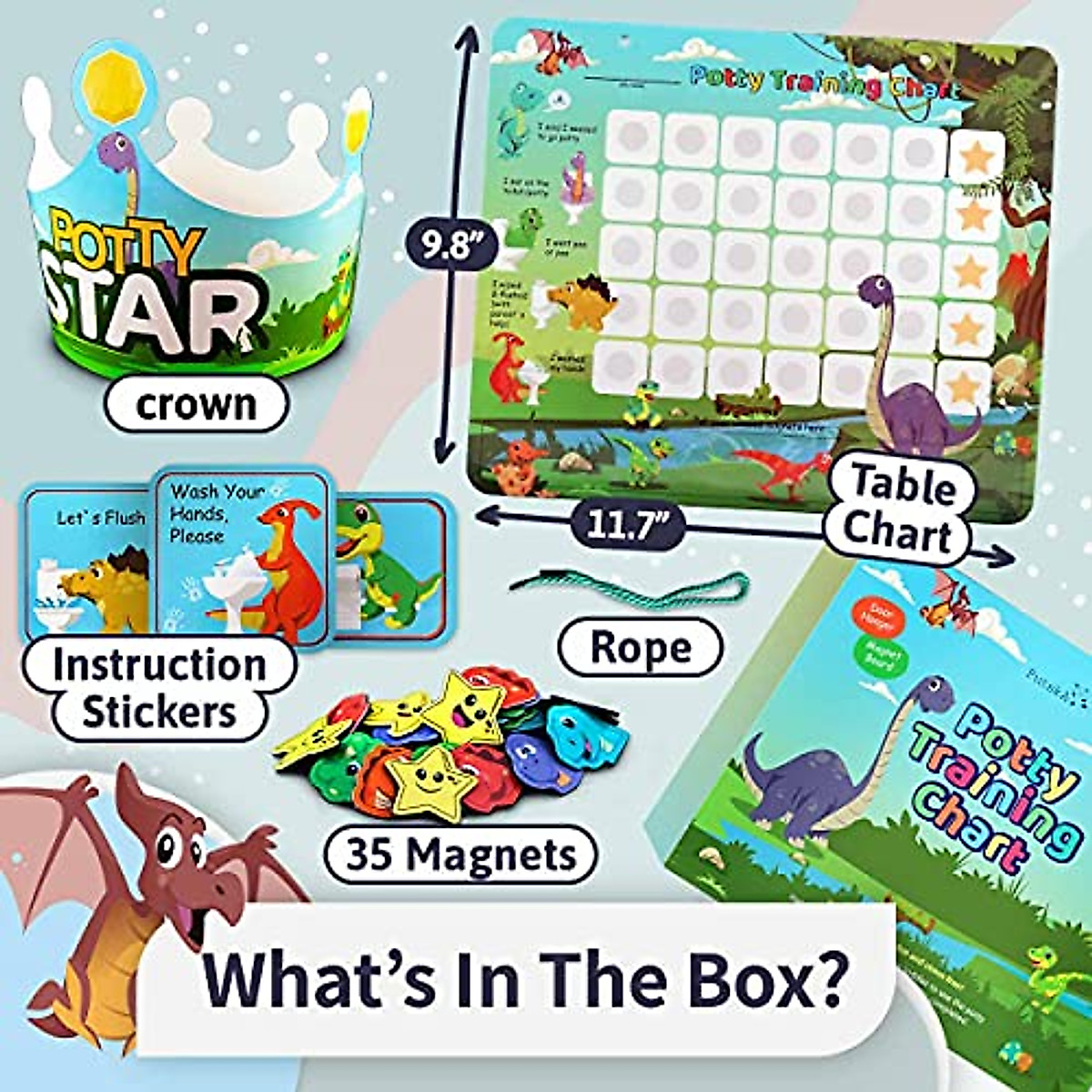 Dinosaur Potty Training Chart & 35 Magnetic Stickers - Potty Chart, Potty Training Sticker Chart, Potty Training Chart for Toddlers Boys, Potty Training Stickers, Potty Chart for Girls with Stickers