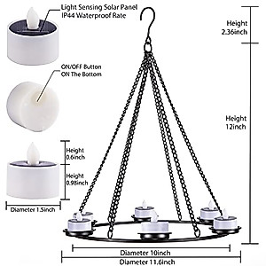 Solar Hanging Lantern, Outdoor Candle Chandelier with 8pcs Solar Powered Tea Lights in Matt Black Finished Metal Candle Holders Perfect for Home, Garden, Backyard, Pergola, Gazebo, Tree, Window Decor