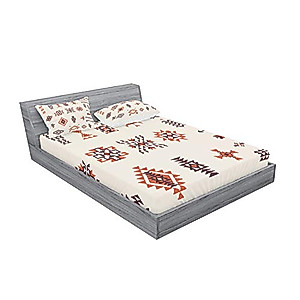 Ambesonne Tribal Fitted Sheet & Pillow Sham Set, Illustration of Aztec Culture Pattern Tribal Design Geometric Print, Decorative Printed 3 Piece Bedding Decor Set, Queen, Brown Orange