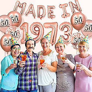 Rose Gold 50th Birthday Decorations Set 15 Pcs Rose Gold Happy 50th Birthday Latex Balloons and Large Made in 1973 Foil Balloons Banner Backdrop for Women Fifty Year Old Birthday Party Decor Supplies