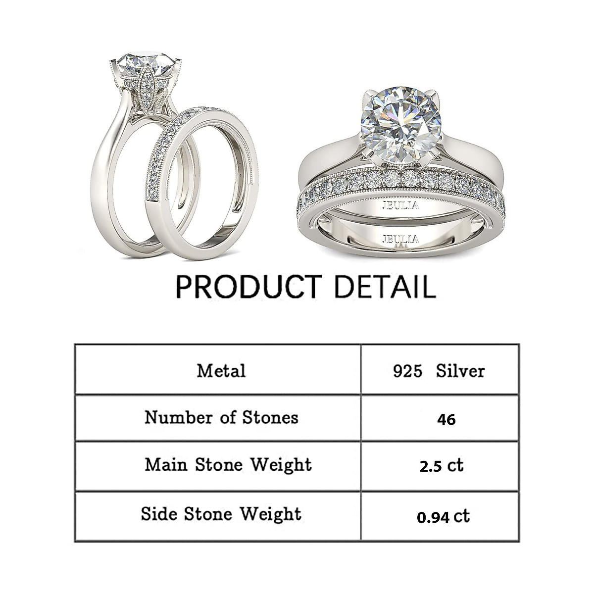 Jeulia 2.5 Carat Chocolate Rings Sterling Silver Dazzling Round Cut Solitaire for Women Purple Amethyst Bridal Round Cut Wedding Set Christmas Engagement Eternity Promise Jewelry with Gift Box (White, 4)