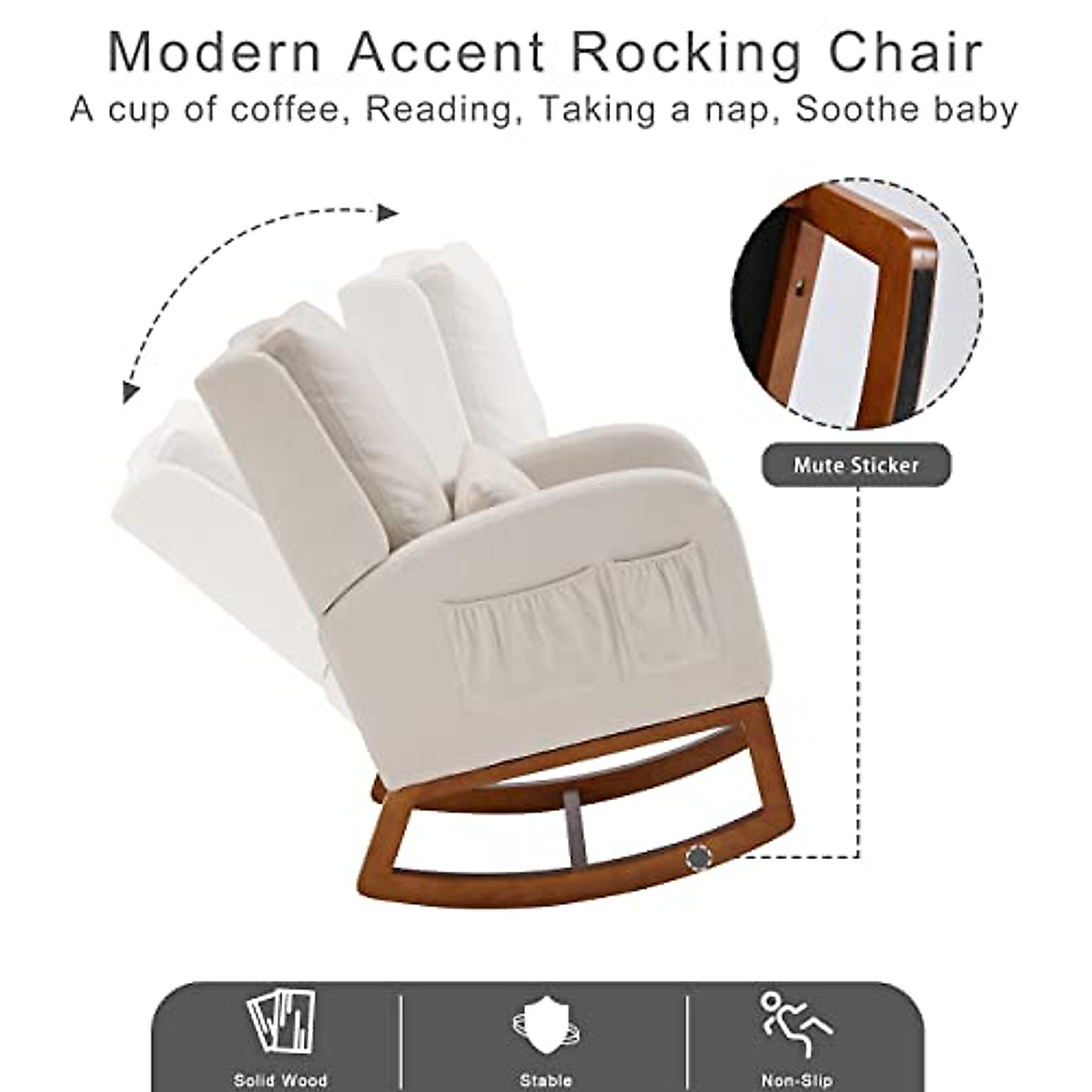 Iroomy Modern Accent Rocking Chair, Upholstered Rocking Chair Glider Rocker High Back Arm Chair W/2 Side Pockets, Rocking Chair Indoor for Living Room/Bedroom/Nursery-Beige