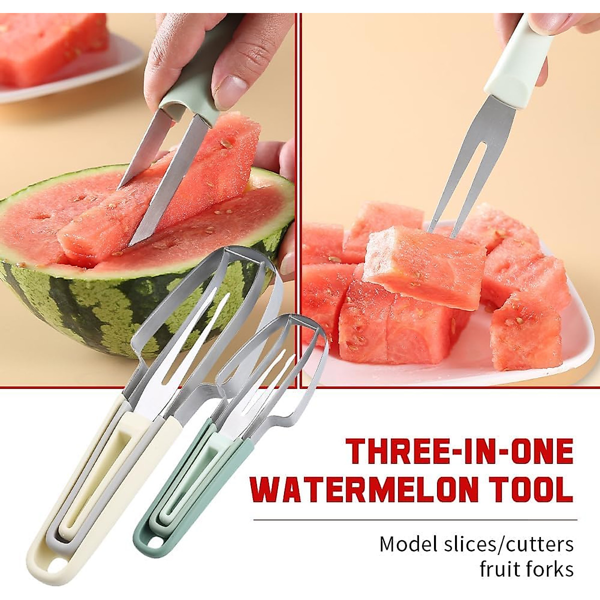 3-in-1 Watermelon Fork Cutter, 2024 New Stainless Steel Watermelon Popsicle Cutter Cutting Tool, Fast Watermelon Fork Fruit Cutting Tool (Green)