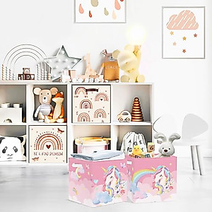 Clastyle 3 Pcs Unicorn Cloud Kid Storage Cube Organizer Set Rainbow Closet Clothes Cube Storage Bin Pink Nursery Toddler Toy Box Chest Flower Book Shelf Basket