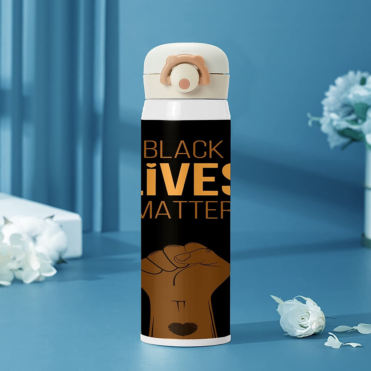 Kids Water Bottle Black Lives Matter Stainless Steel Travel Mug for School Lunch Vacuum Insulated Cups Flask with Locking Push-Button Lid (17 oz)