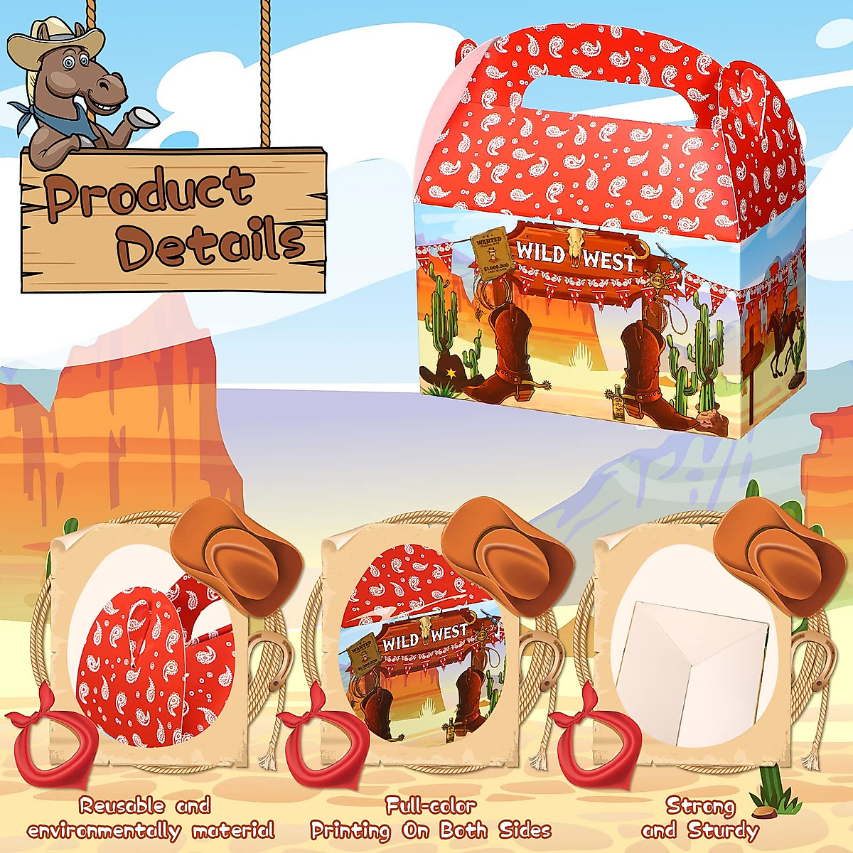 Sepamoon 24 Packs Western Party Favors Cowboy Goodie Treat Boxes Wild West Party Favors Gift Boxes Western Candy Boxes for Kids Baby Shower Western Cowboy Themed Birthday Party Decorations, 3 Designs