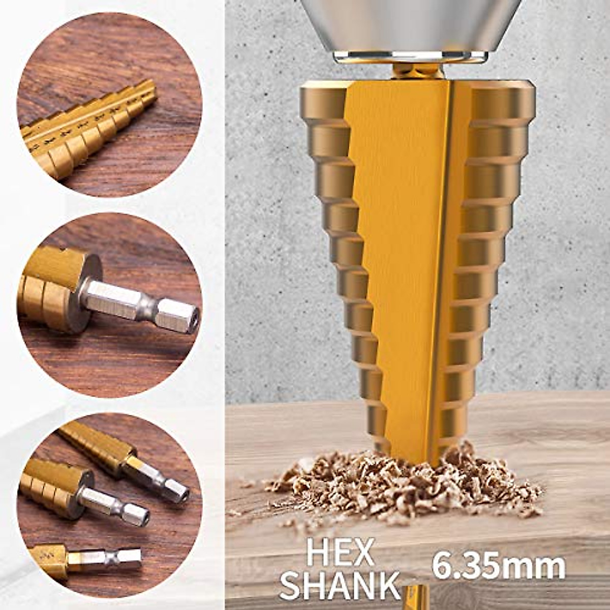 HSS Step Drill Bit Set - 3PCS 1/4" Hex Shank Titanium Coated High Speed Steel Hole Drill Cone Bits Stepped Up Unibit for Sheet Metal Hole Drilling Cutting Hole (1/8 Inch - 3/4 Inch)
